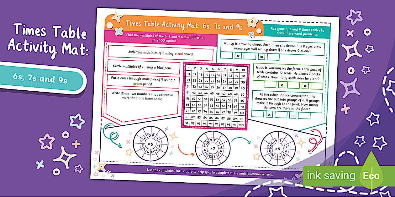 Times Table Activity Mat: 6s, 7s and 9s - Twinkl