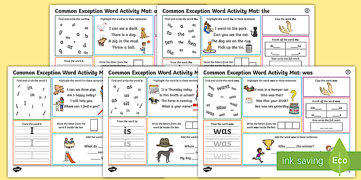 Black and White Year 1 Common Exception Word Activity Mat Pack 1