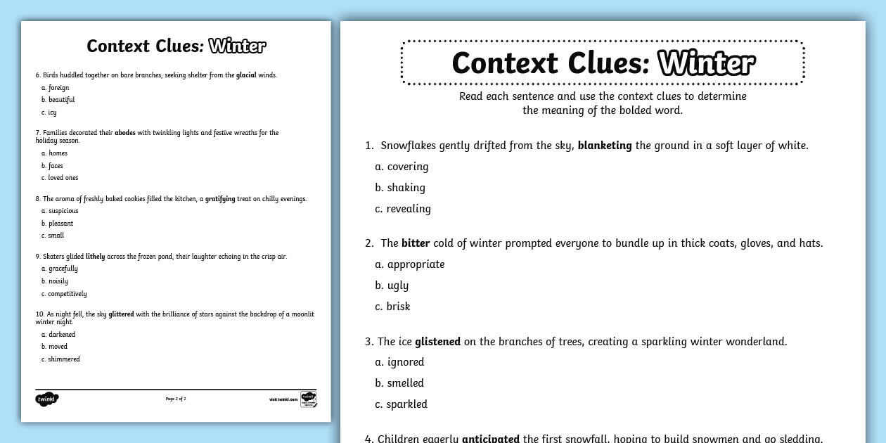 Word Detective: Context Clues Winter Worksheet for 6th-8th Gr