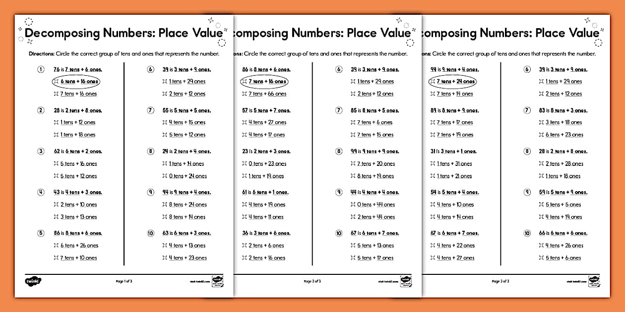 Second Grade Decomposing Numbers: Place Value Worksheet