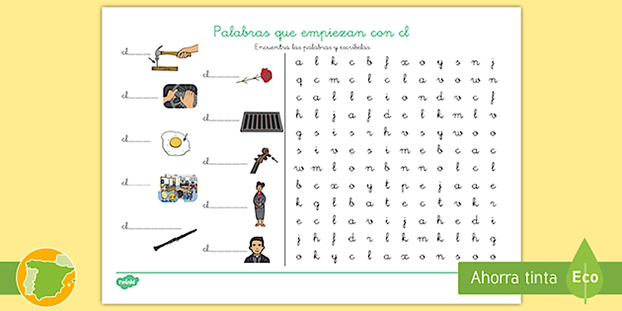Sopa de letras: Palabras que empiezan por cl (teacher made)