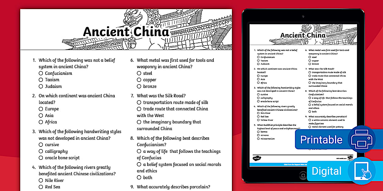 Sixth Grade Ancient China Quiz (teacher made) - Twinkl