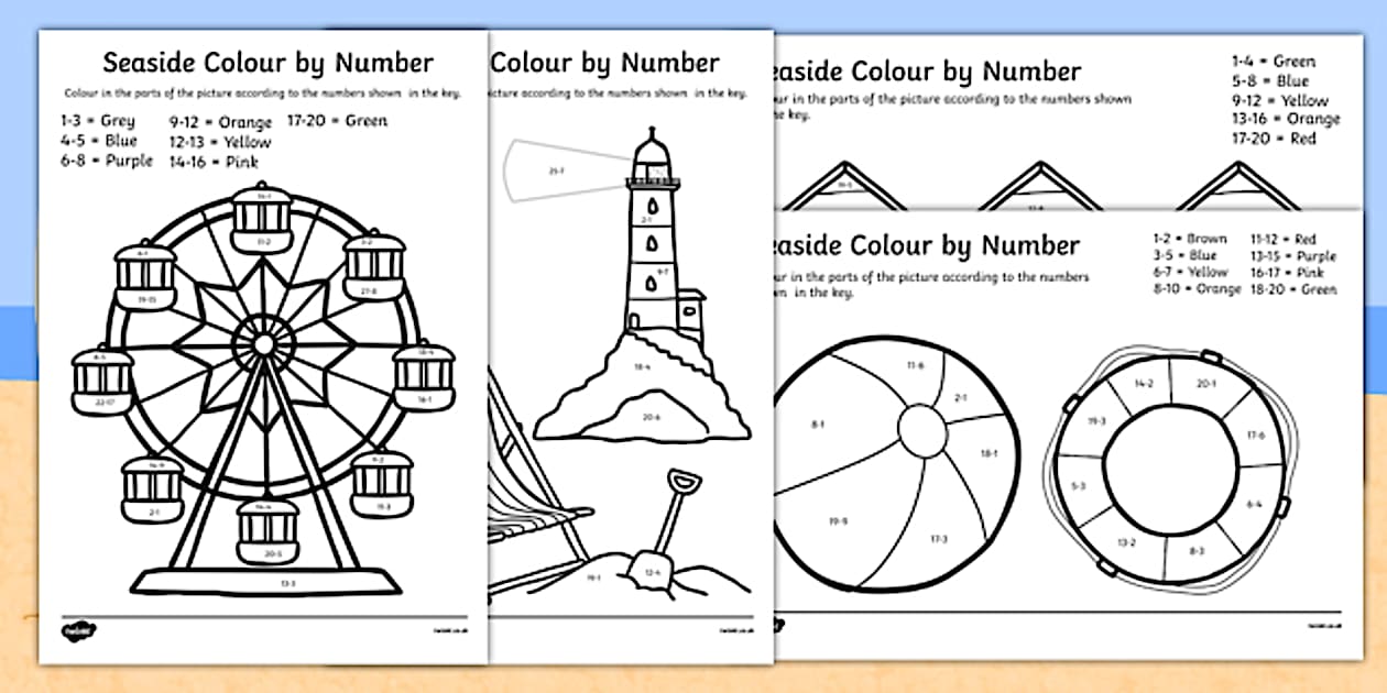 Seaside Subtraction to 20 Colour By Number - Twinkl