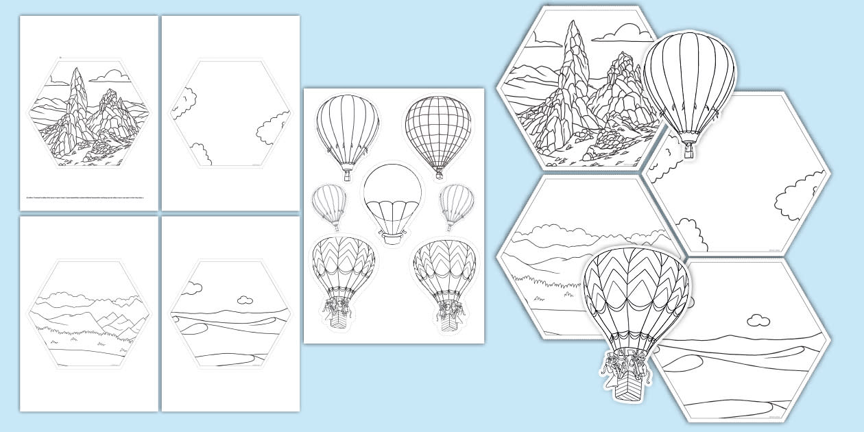 Hot Air Balloon Hexagon Display Colouring Activity - Twinkl