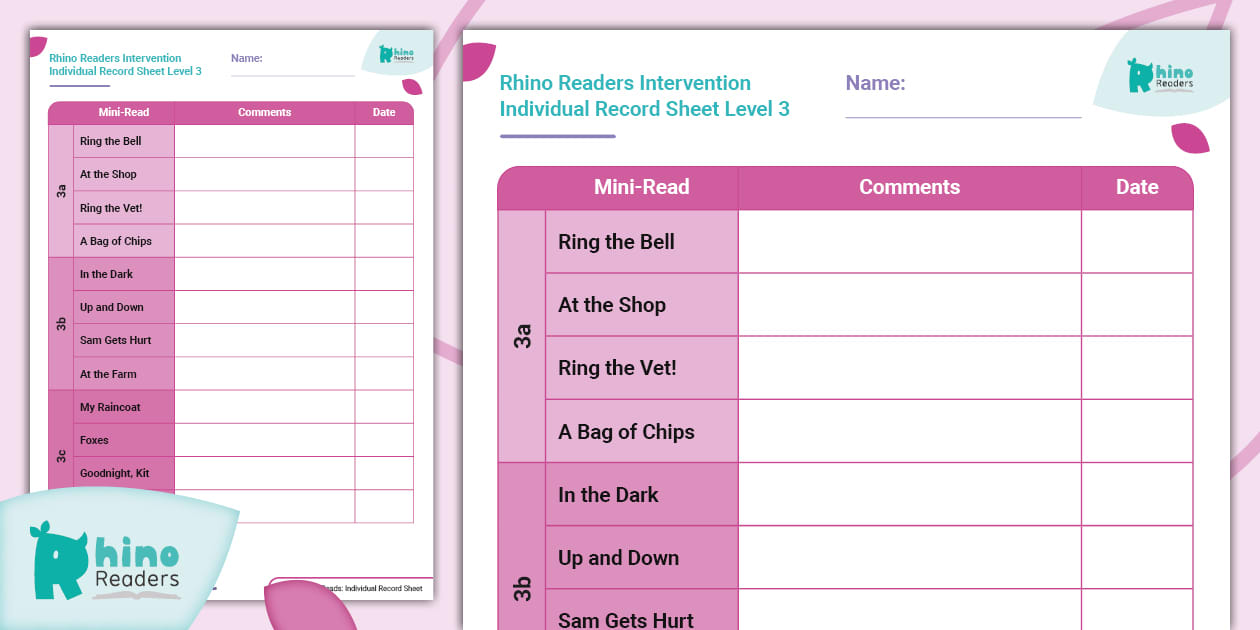 Level 3 Rhino Readers Intervention: Individual Record Sheet