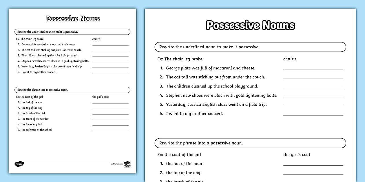 Possessive Nouns Worksheet for 3rd-5th Grade (teacher made)