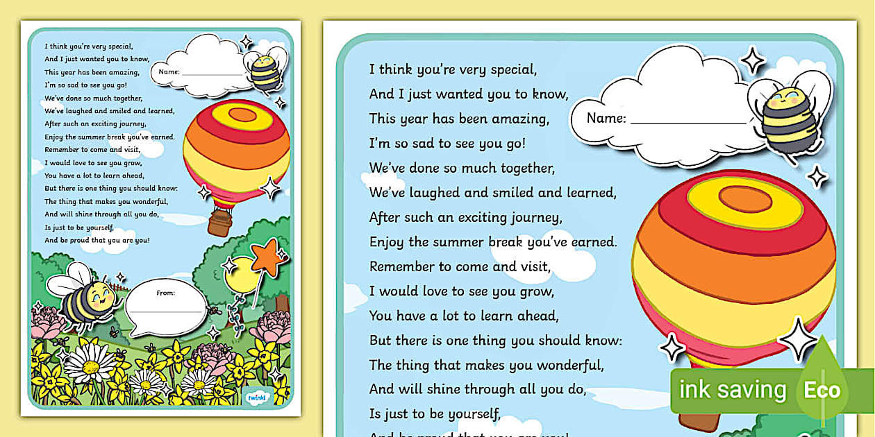 Editable End of Year Poem Printout (teacher made) - Twinkl