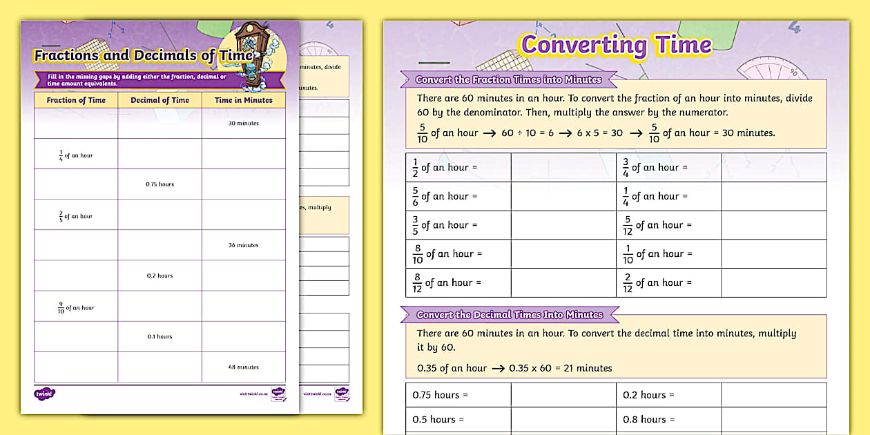 Converting Fraction Hours to Minutes Worksheets - Twinkl