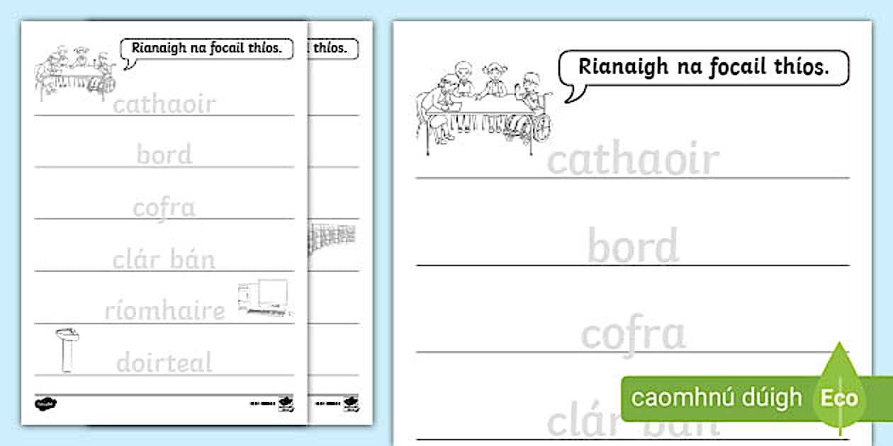 The School Aistear Classroom Trace the Words Worksheet Gaeilge