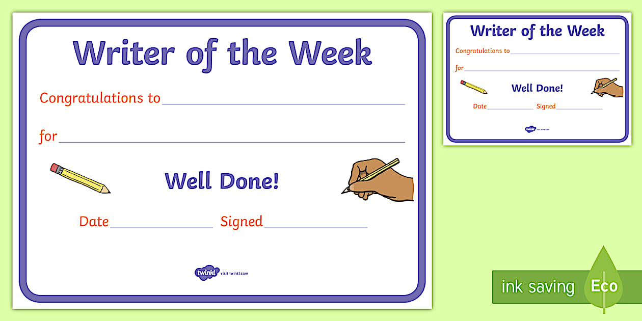 Editable Writer of the Week Award Certificate - Twinkl