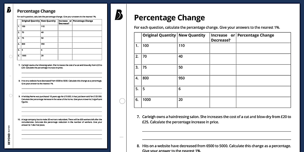 👉 Percentage Change Questions and Answer Sheet PDF | Beyond