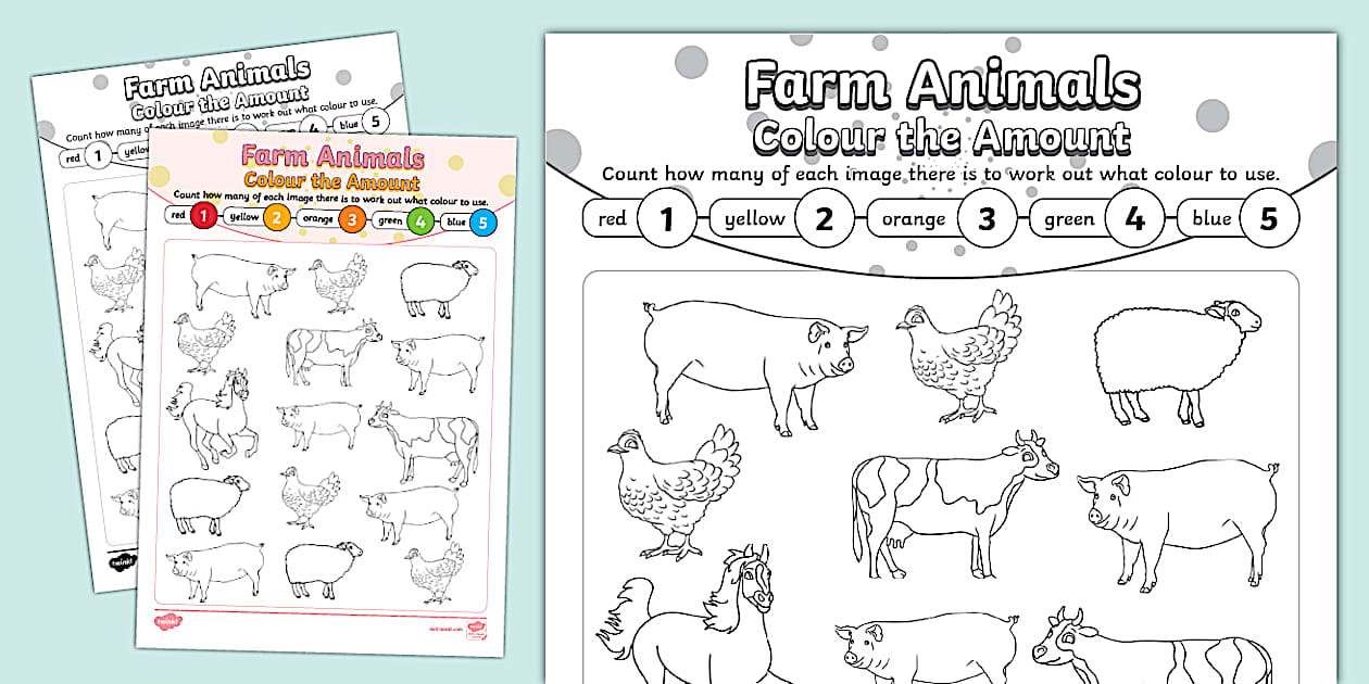 👉 Farm Animals Colour the Amount Worksheet (teacher made)