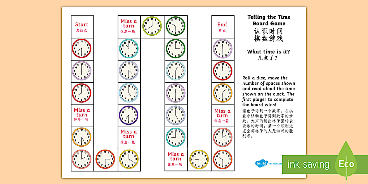 Differentiated Telling the Time Board Game English/Mandarin Chinese