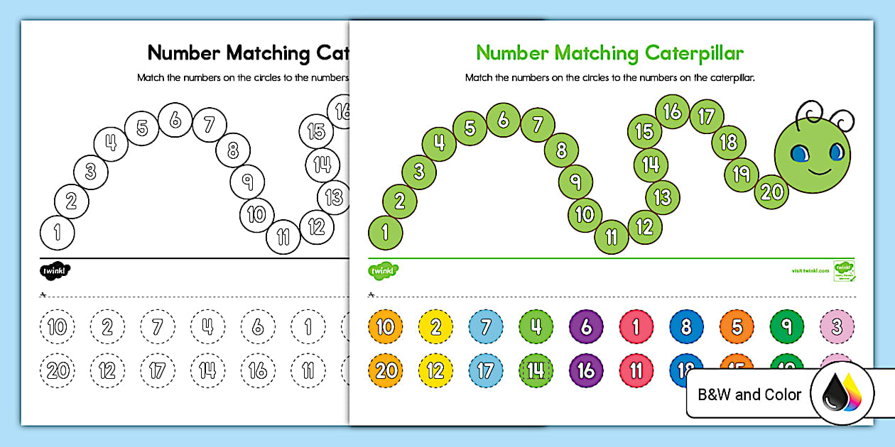 Numbers 1-20 Matching Caterpillar Cut and Paste Worksheet