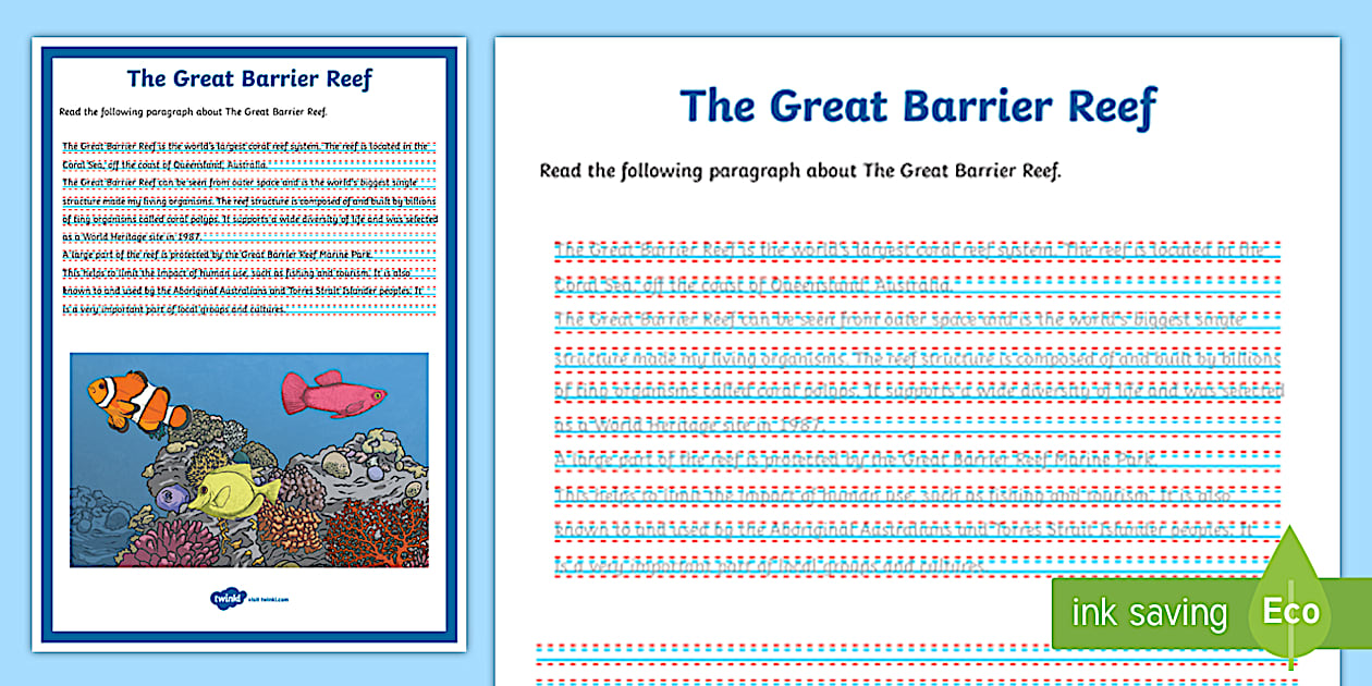 The Great Barrier Reef Handwriting Worksheet / Worksheet