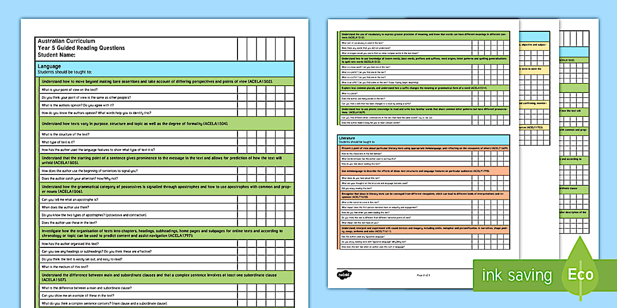 Year 5 Guided Reading Assessment Guidelines Checklist