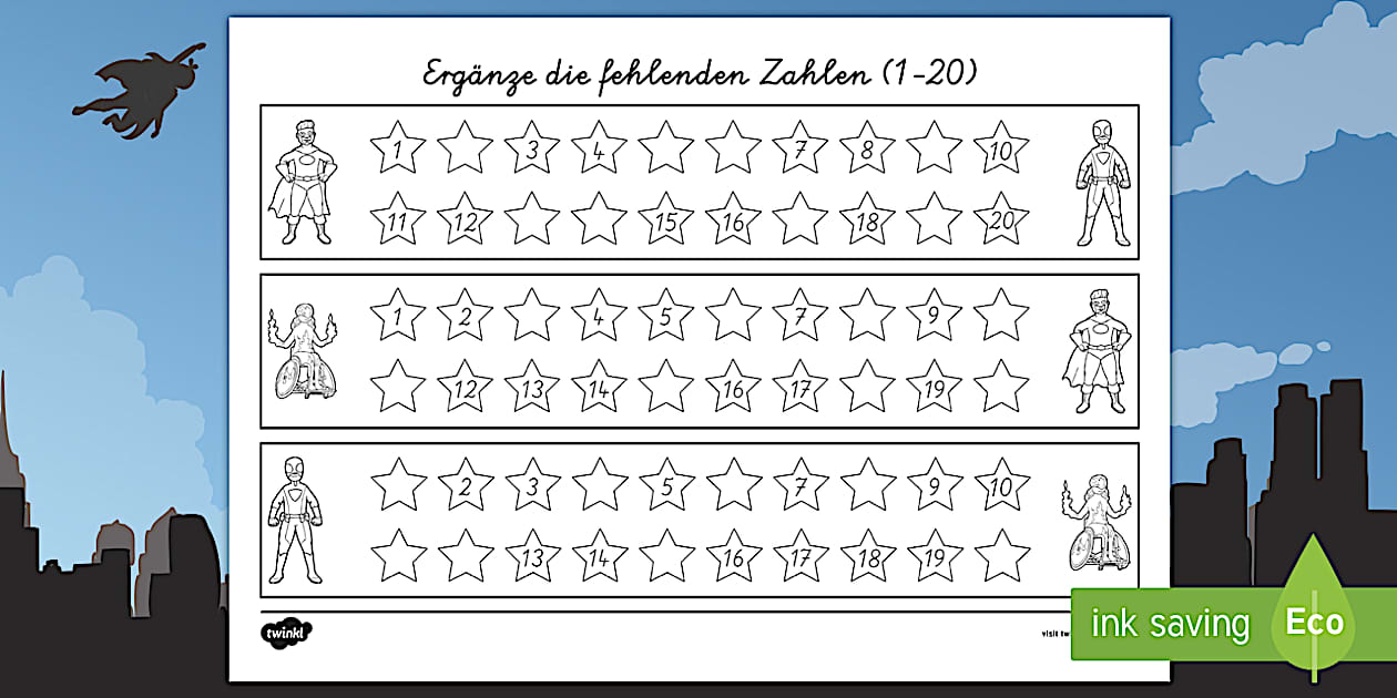 Ergänze die fehlenden Zahlen (1 20) Arbeitsblatt - Twinkl