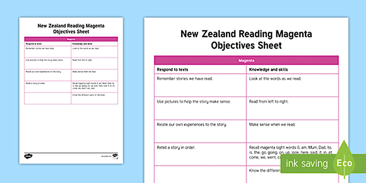 New Zealand Reading Magenta Objectives Sheet Adult Guidance