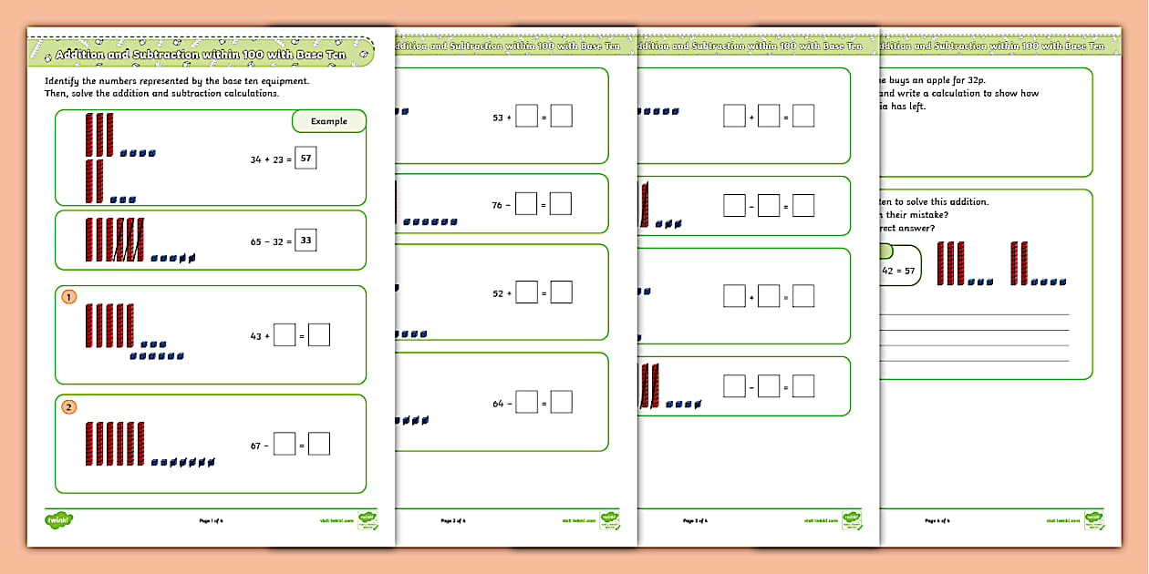👉 Addition and Subtraction within 100 with Base Ten Worksheet
