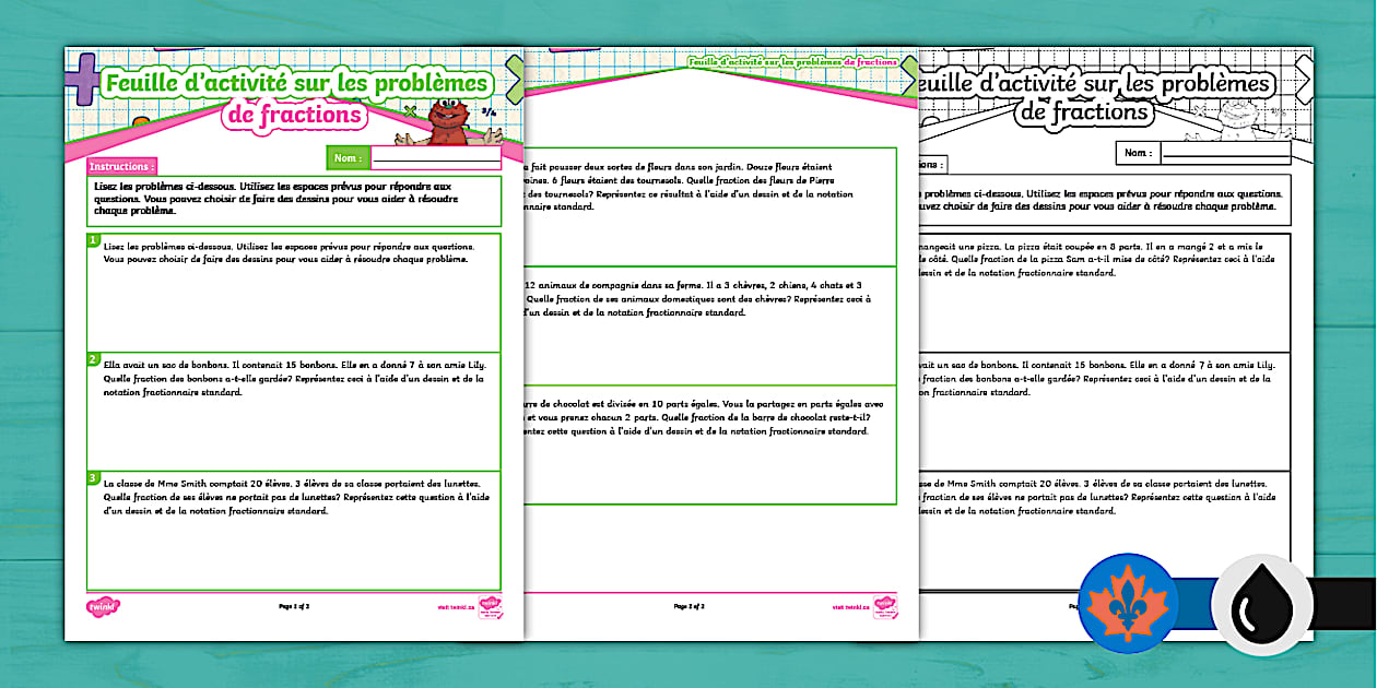 Fraction Word Problem Challenge Activity Sheet French