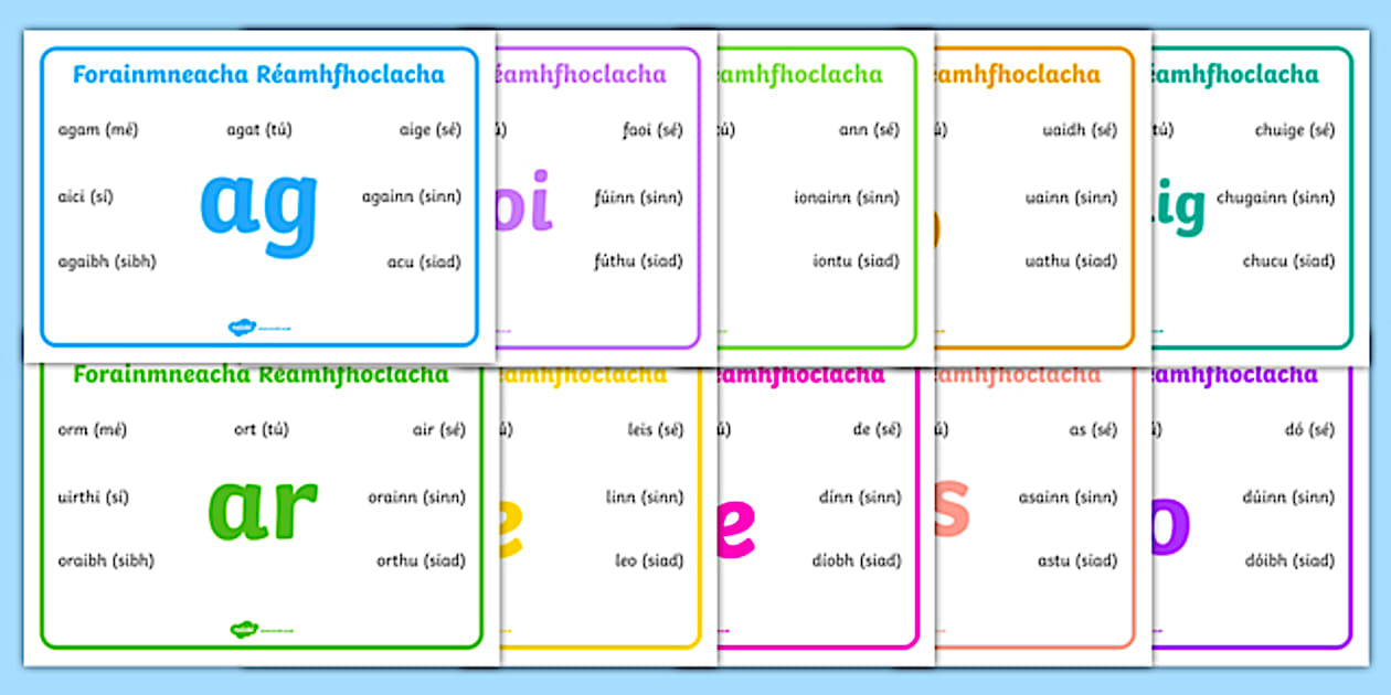 Forainmneacha Réamhfhoclacha Word Mats-Irish (teacher made)