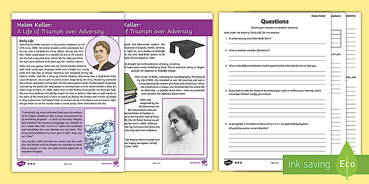 Helen Keller Differentiated Reading Comprehension Activity