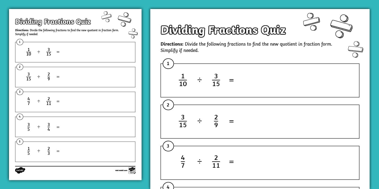 Fifth Grade Dividing Fractions Quiz (teacher made) - Twinkl