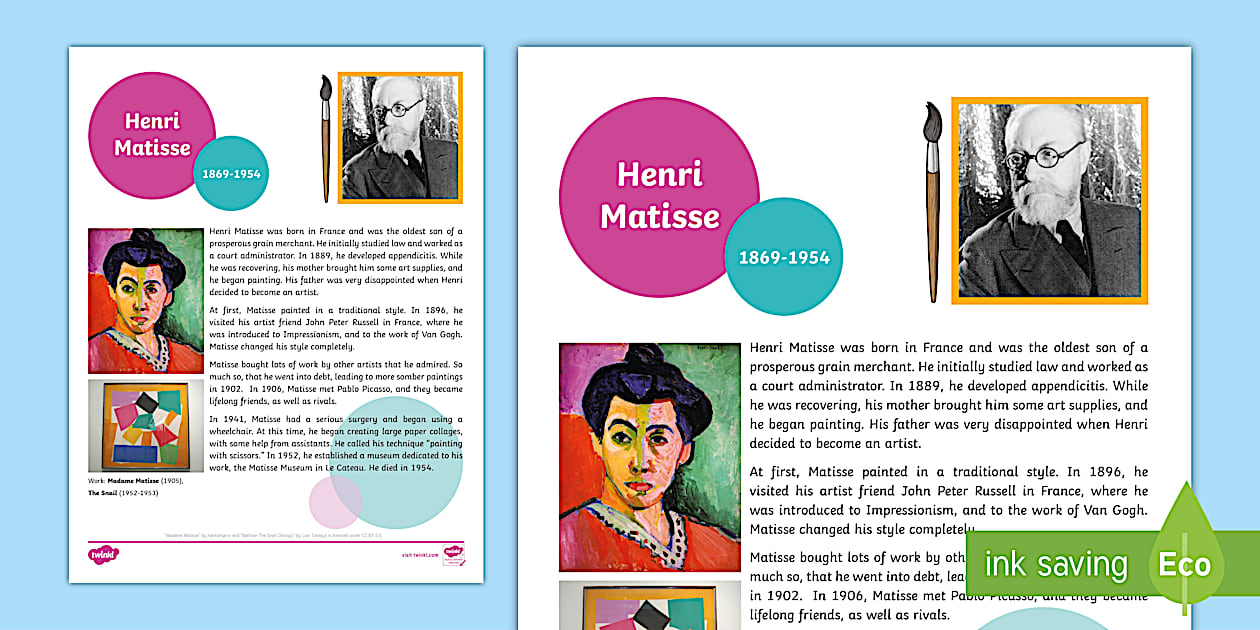 Artist Fact Sheet Henri Matisse - History Of Influential Individuals ...