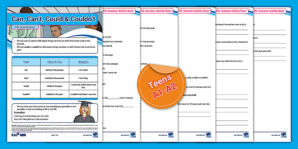 ESL Can, Can't, Could and Couldn't Activity Sheet