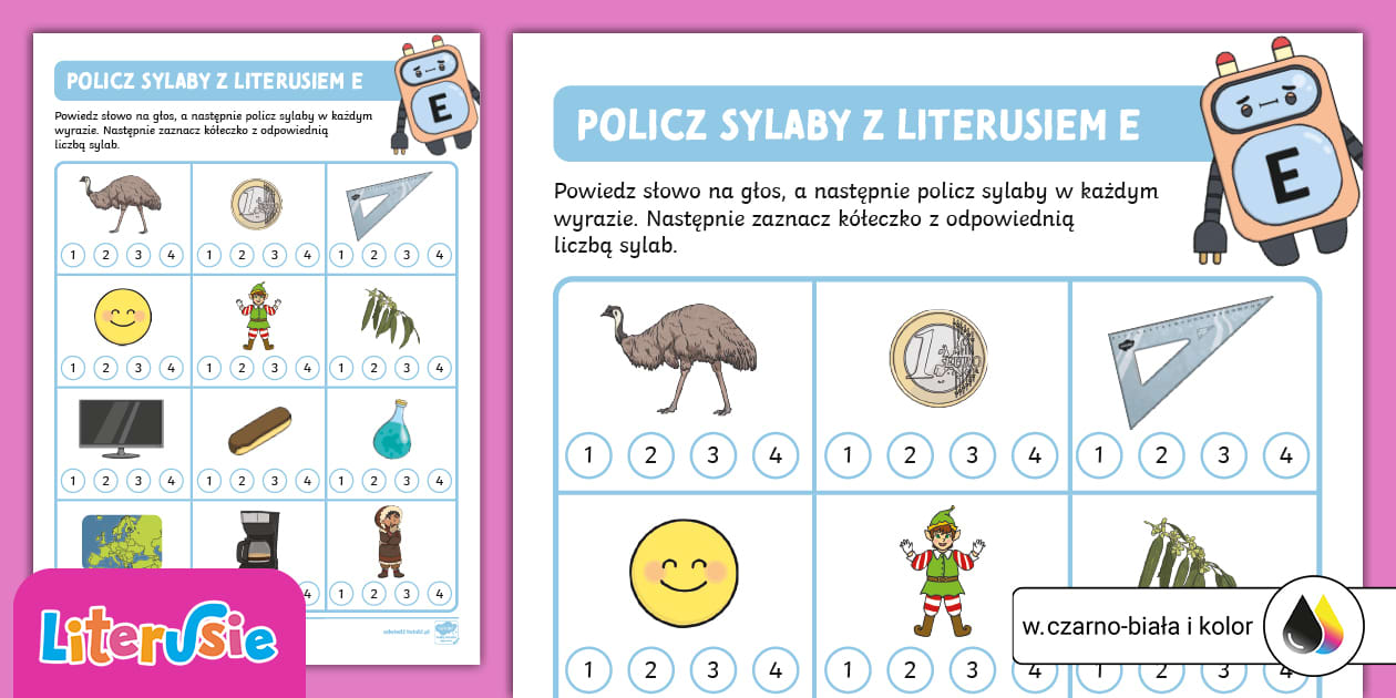 Literuś E | Policz sylaby w wyrazach na E | Karta pracy
