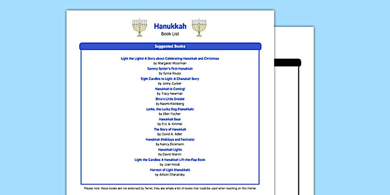 Black and White Hanukkah Book List (Teacher-Made) - Twinkl