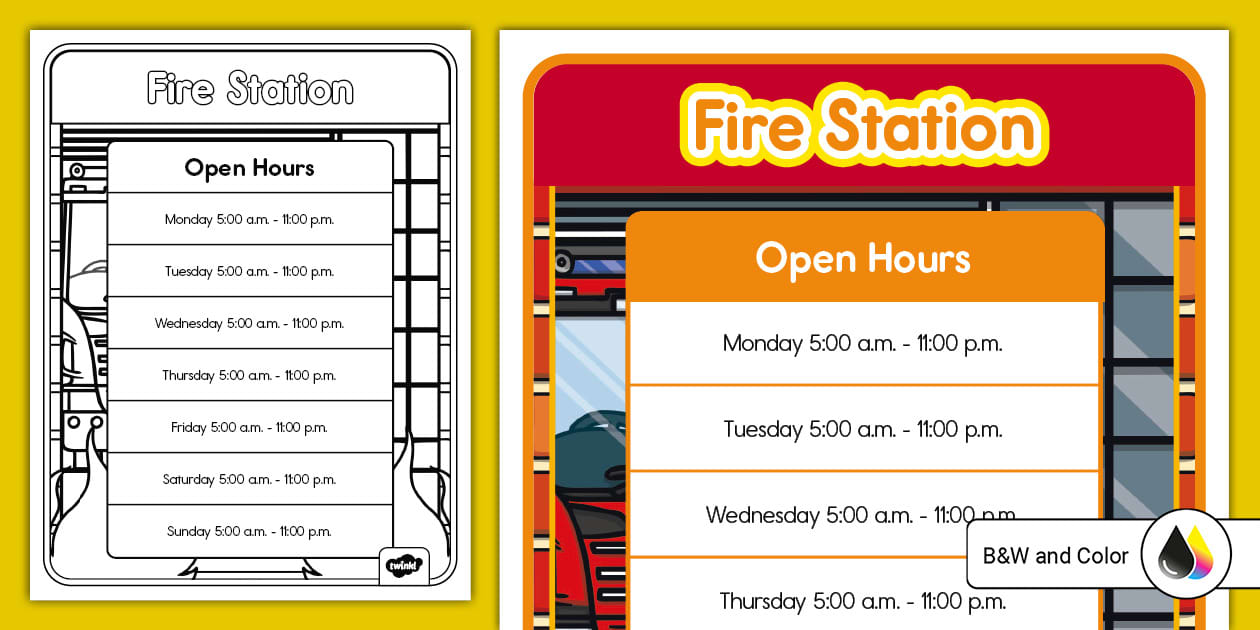 Fire Station Dramatic Play Hours Sign - Twinkl