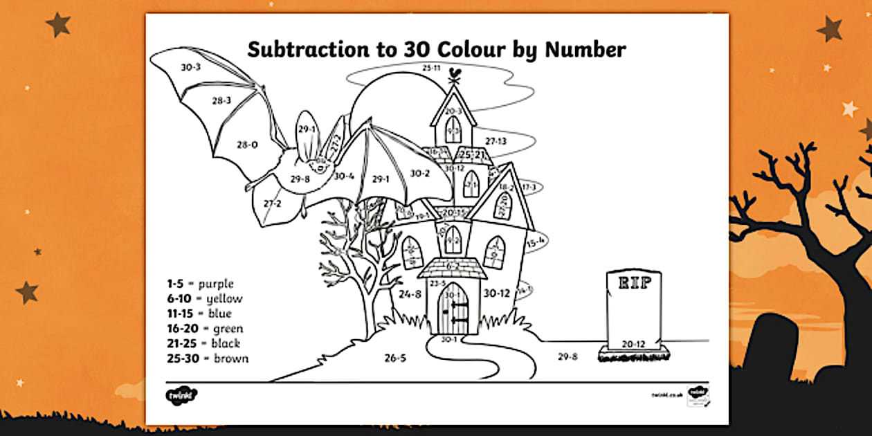 Halloween Themed Subtraction to 30 Color by Number - Twinkl