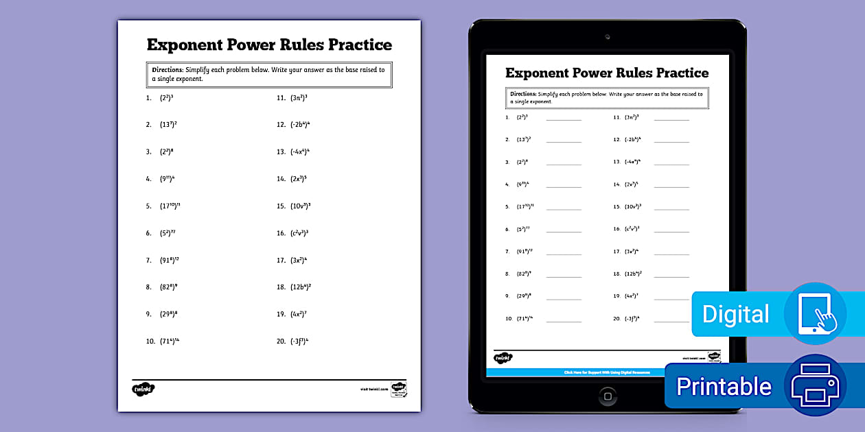 Eighth Grade Exponent Power Rules Worksheet (teacher made)