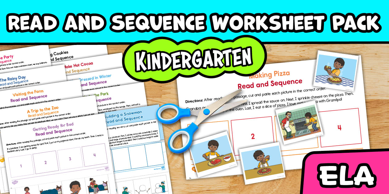 Kindergarten Read and Sequence Cut and Paste Worksheet Pack