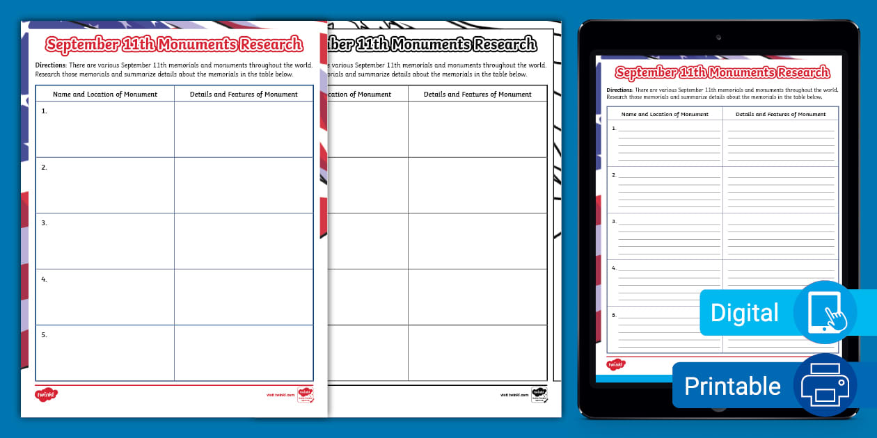 Sixth Grade September 11th Monuments Research Worksheet