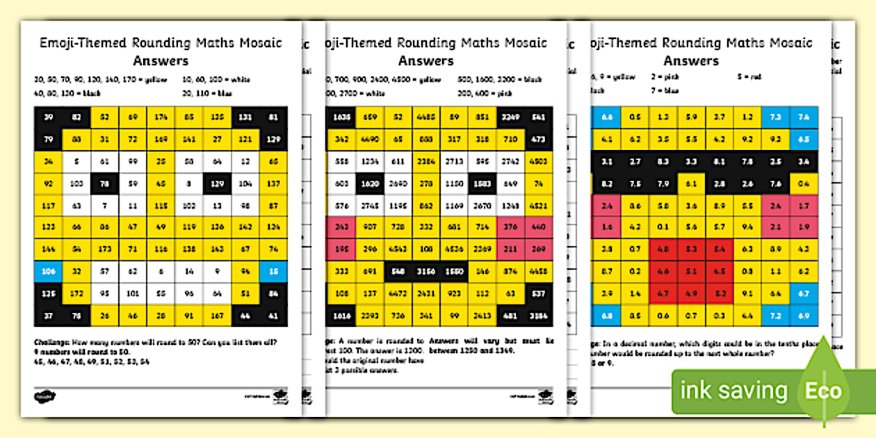 👉 😊 Emoji-Themed Rounding Maths Mosaic Worksheets