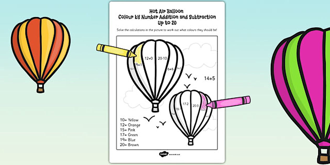 Hot Air Balloon Colour by Number Addition and Subtraction Up 20