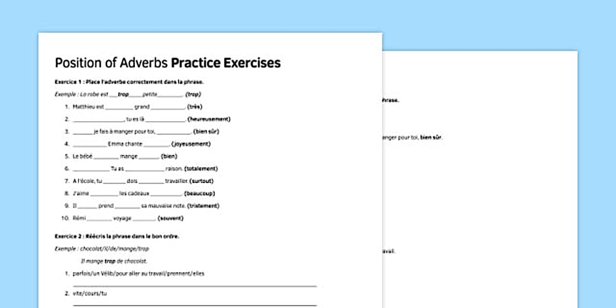 Position of Adverbs Practice Exercises French - Twinkl