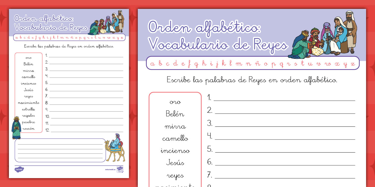 Ficha de actividad: Orden alfabético - Vocabulario de Reyes