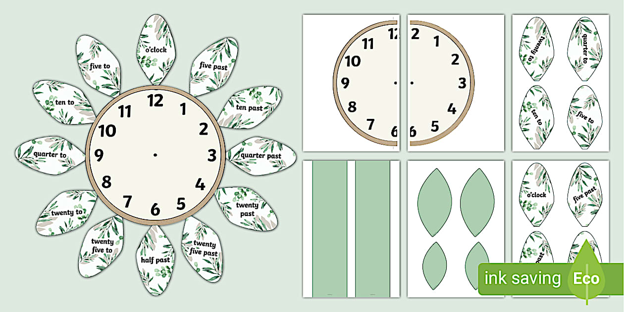 Editable Botanical Themed Analogue Clock Flower Labels Cut-Outs