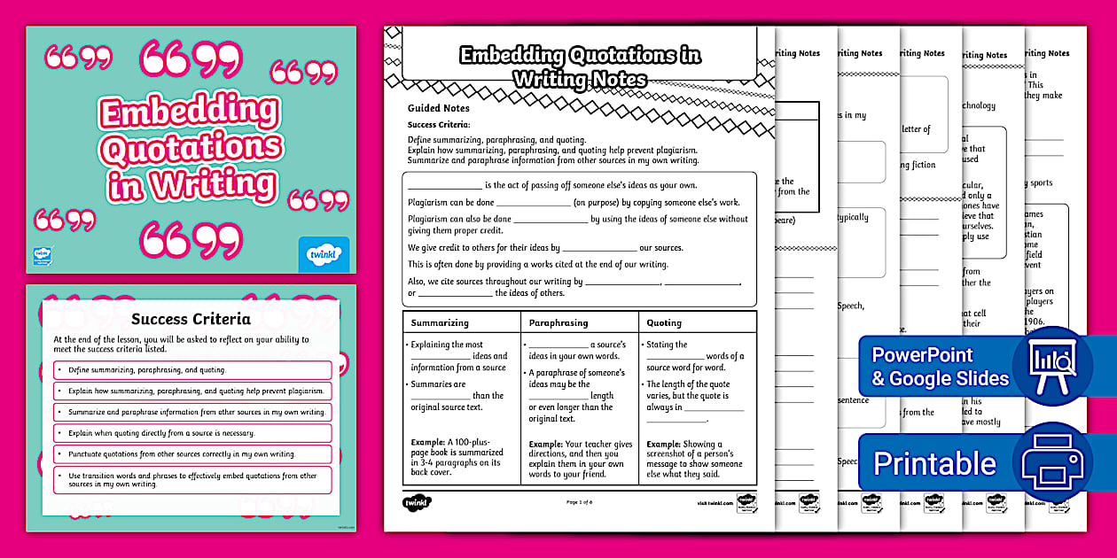 Embedding Quotations in Writing PPT & Google Slides 6th-8th