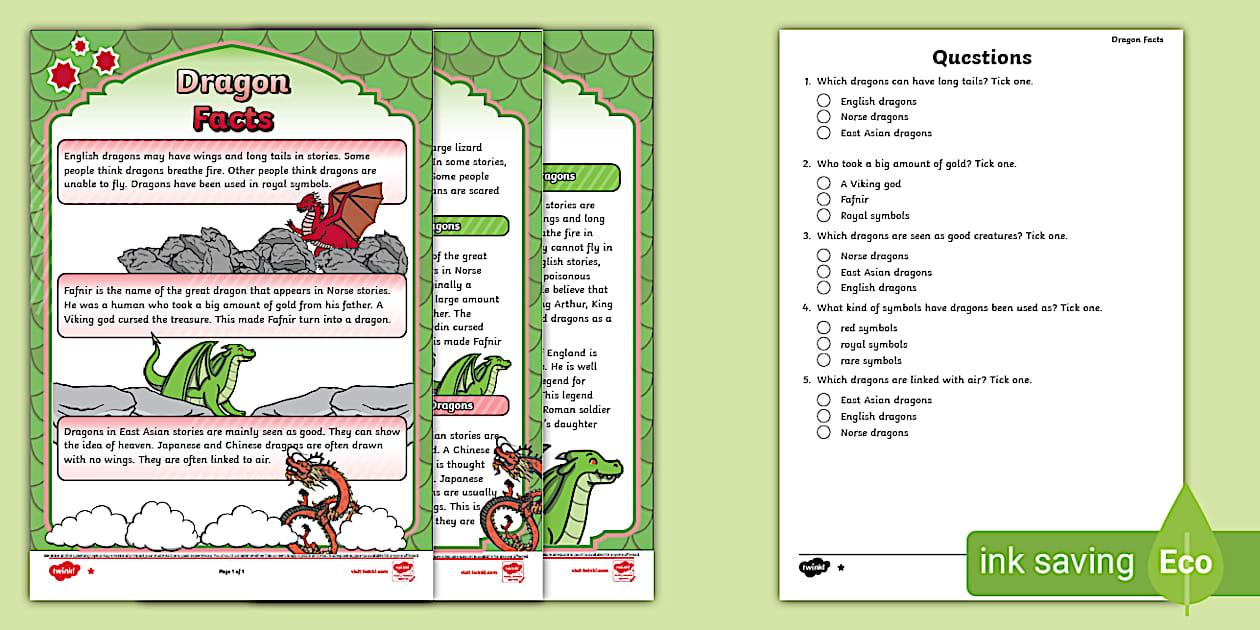KS1 Dragon Facts Reading Comprehension Activity - Twinkl