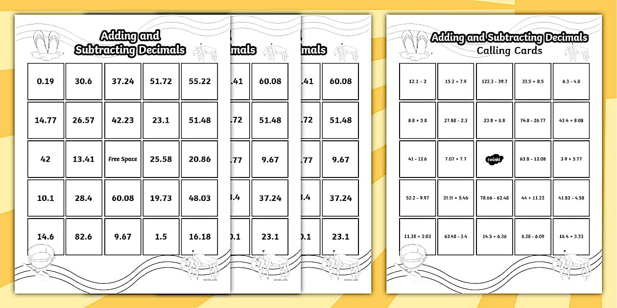 Sixth Grade Adding Subtracting Decimals Summer Fun Bingo