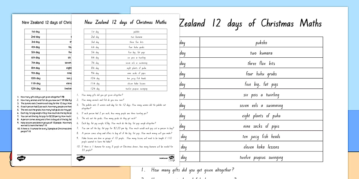 New Zealand 12 Days of Christmas Maths Worksheet / Worksheet
