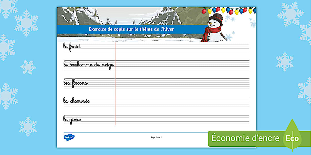 Exercice de copie sur le thème de l'hiver