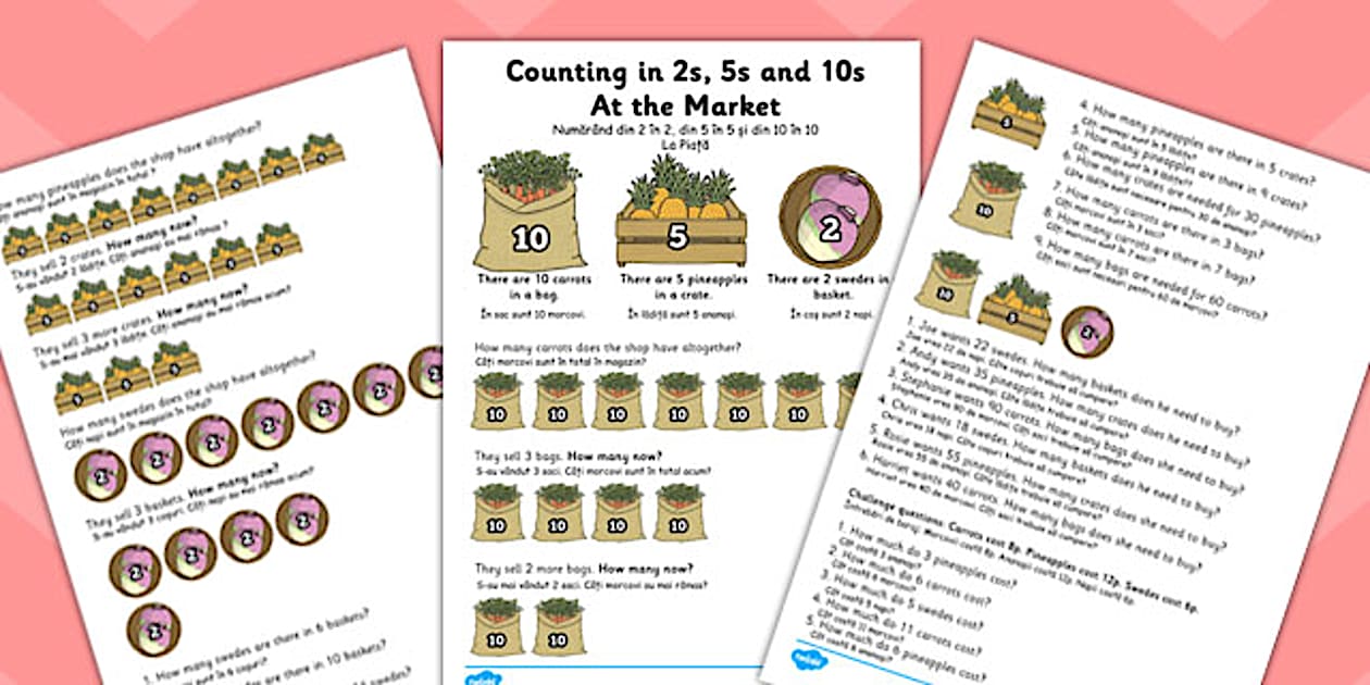 Counting in 2s, 5s and 10s Multiplication Worksheet Romanian Translation