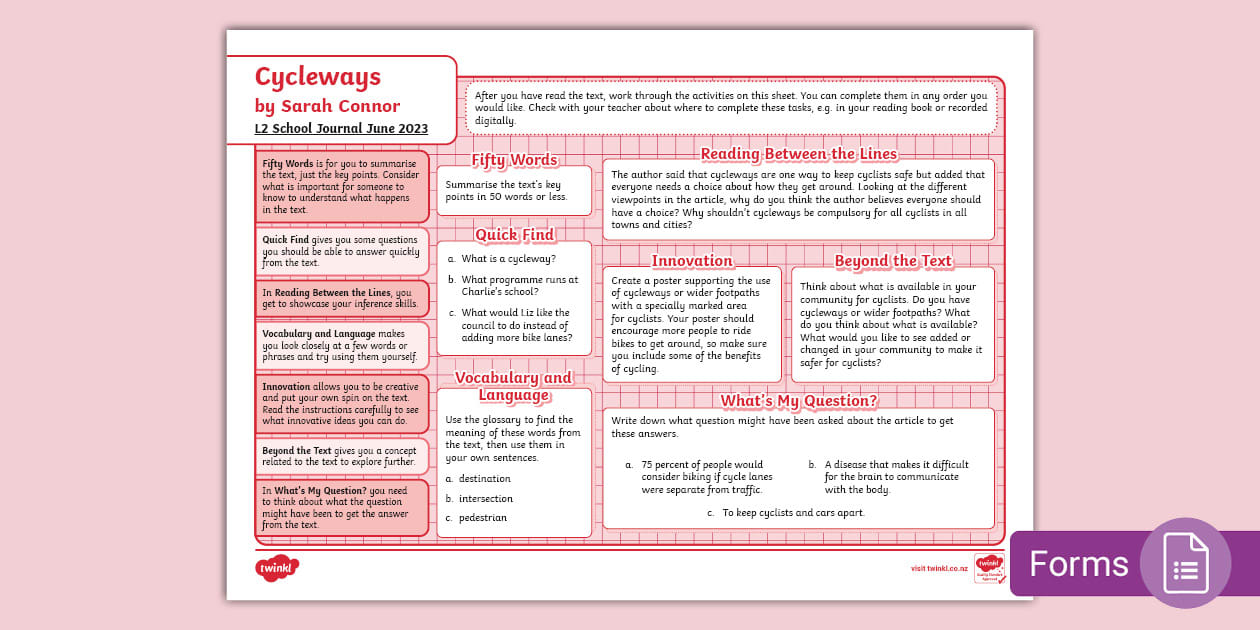 Level 2 June 2023 School Journal: Cycleways Article Follow-Up
