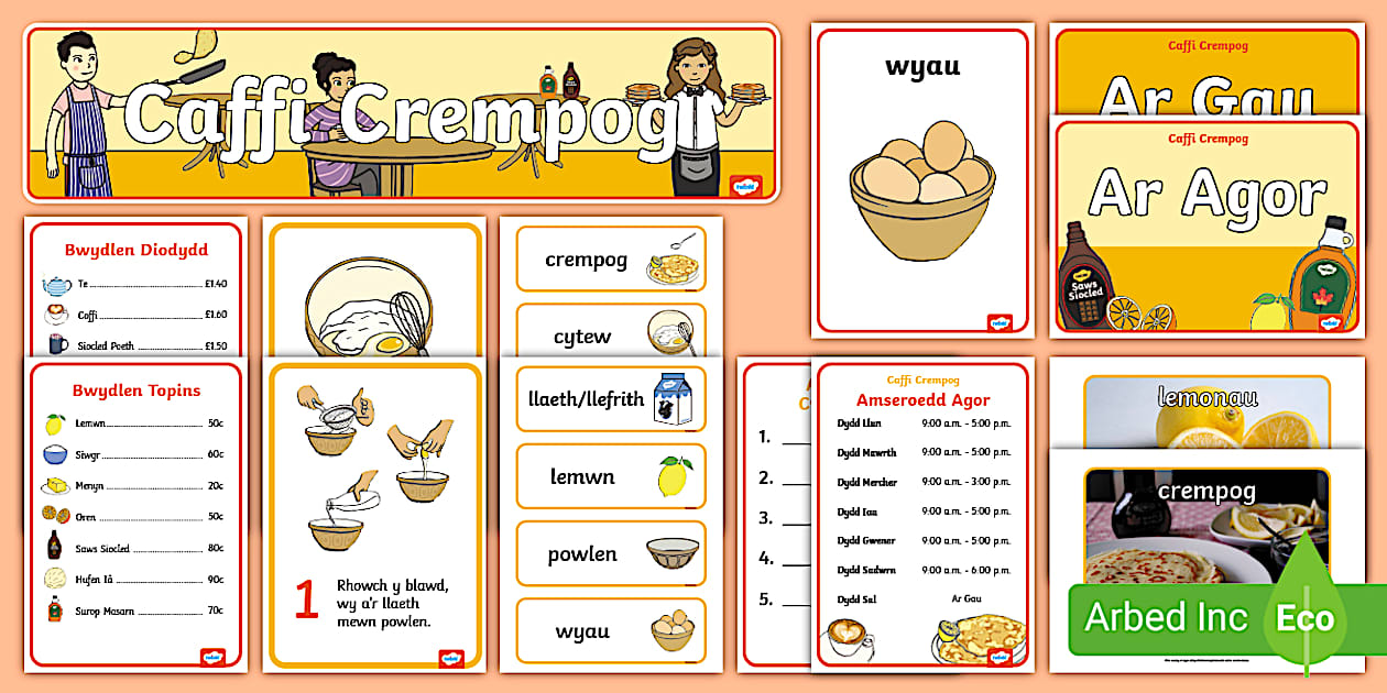 Pecyn Chwarae Rôl Caffi Crempog,Pancake Recipe Sheets Welsh