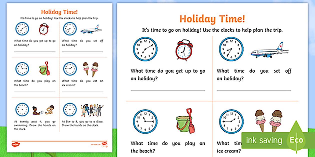 Summer-Themed Holiday Time Analogue Clocks Worksheet